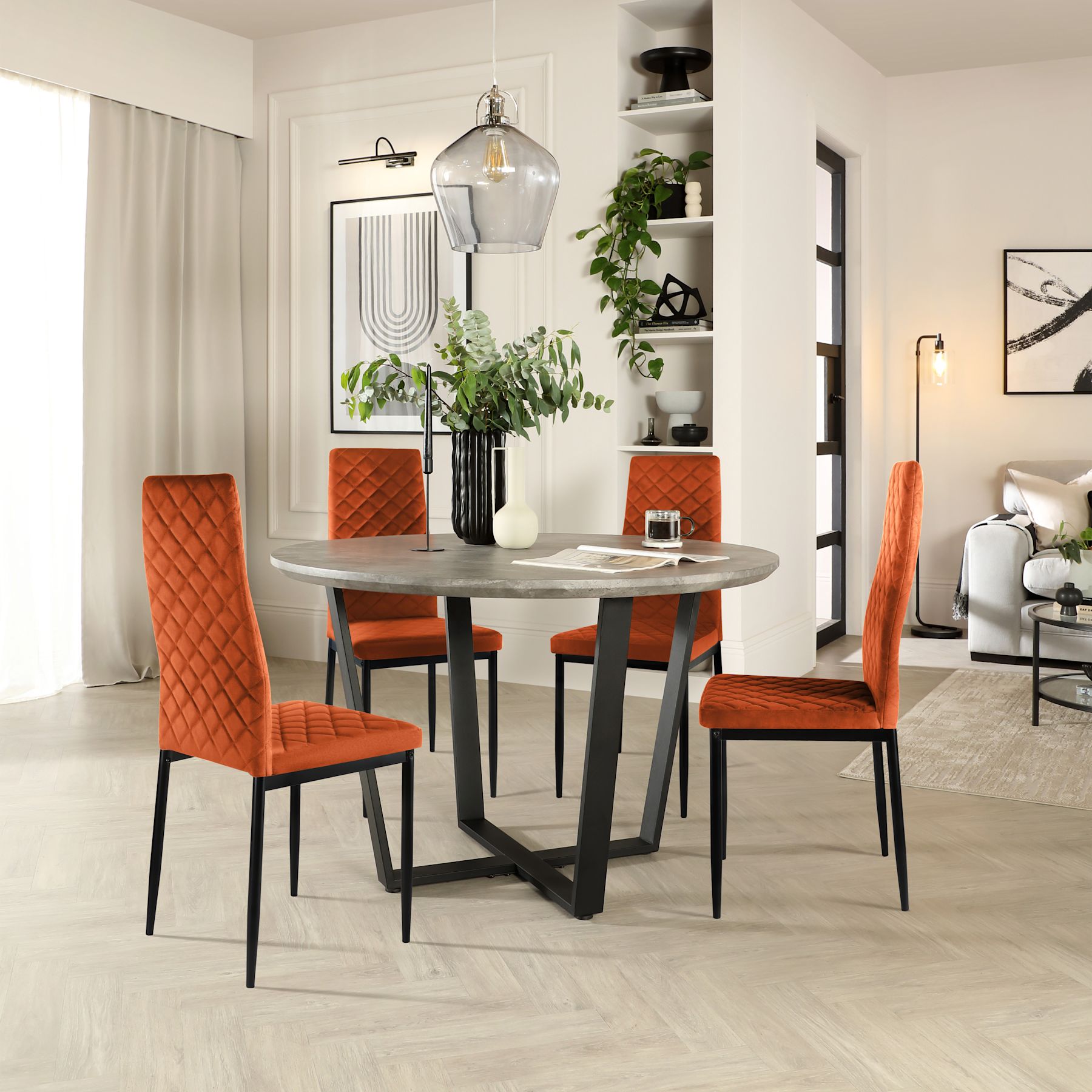 Traviso Round Industrial Dining Table & 4 Renzo Chairs, Concrete Effect ...