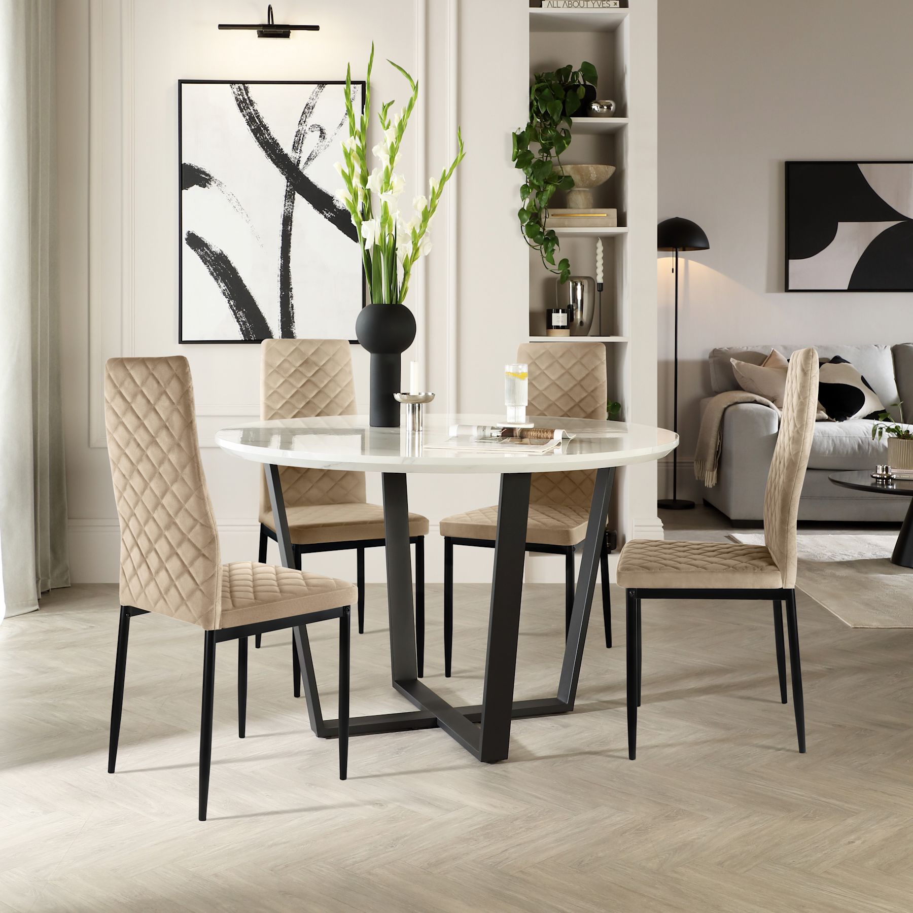 Traviso Round Dining Table & 4 Renzo Chairs, White Marble Effect ...