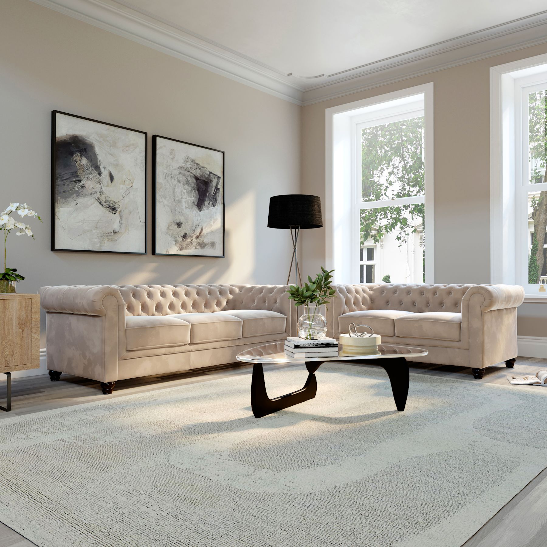 Hampton 3+2 Seater Chesterfield Sofa Set, Champagne Classic Velvet Only ...