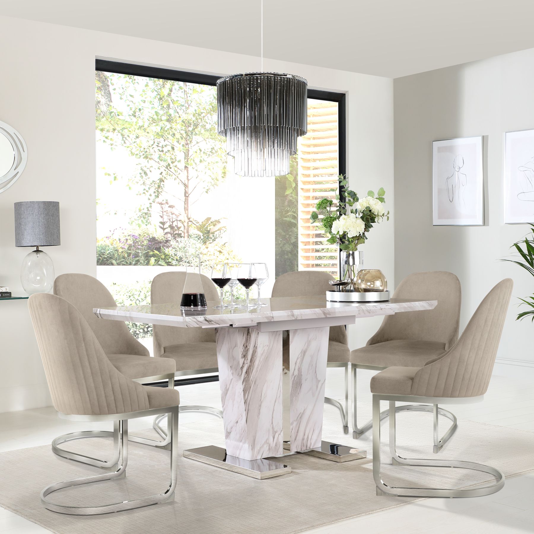 Vienna Extending Dining Table & 4 Riva Chairs, Grey Marble Effect ...