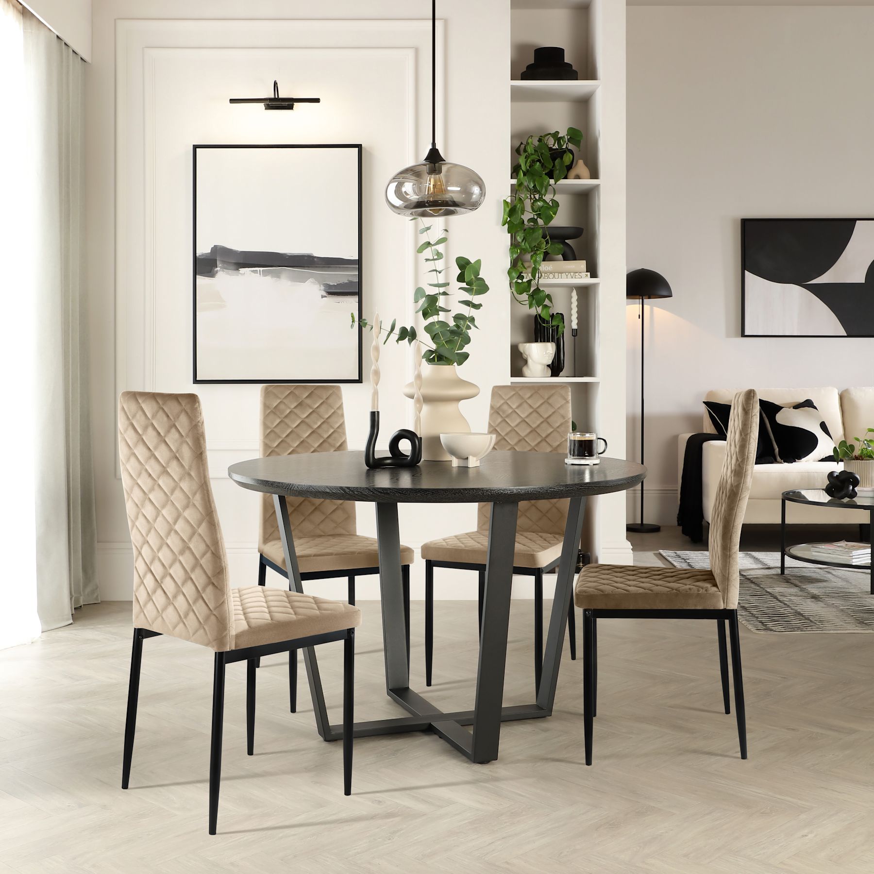 Traviso Round Dining Table & 4 Renzo Chairs, Black Oak Effect & Black ...