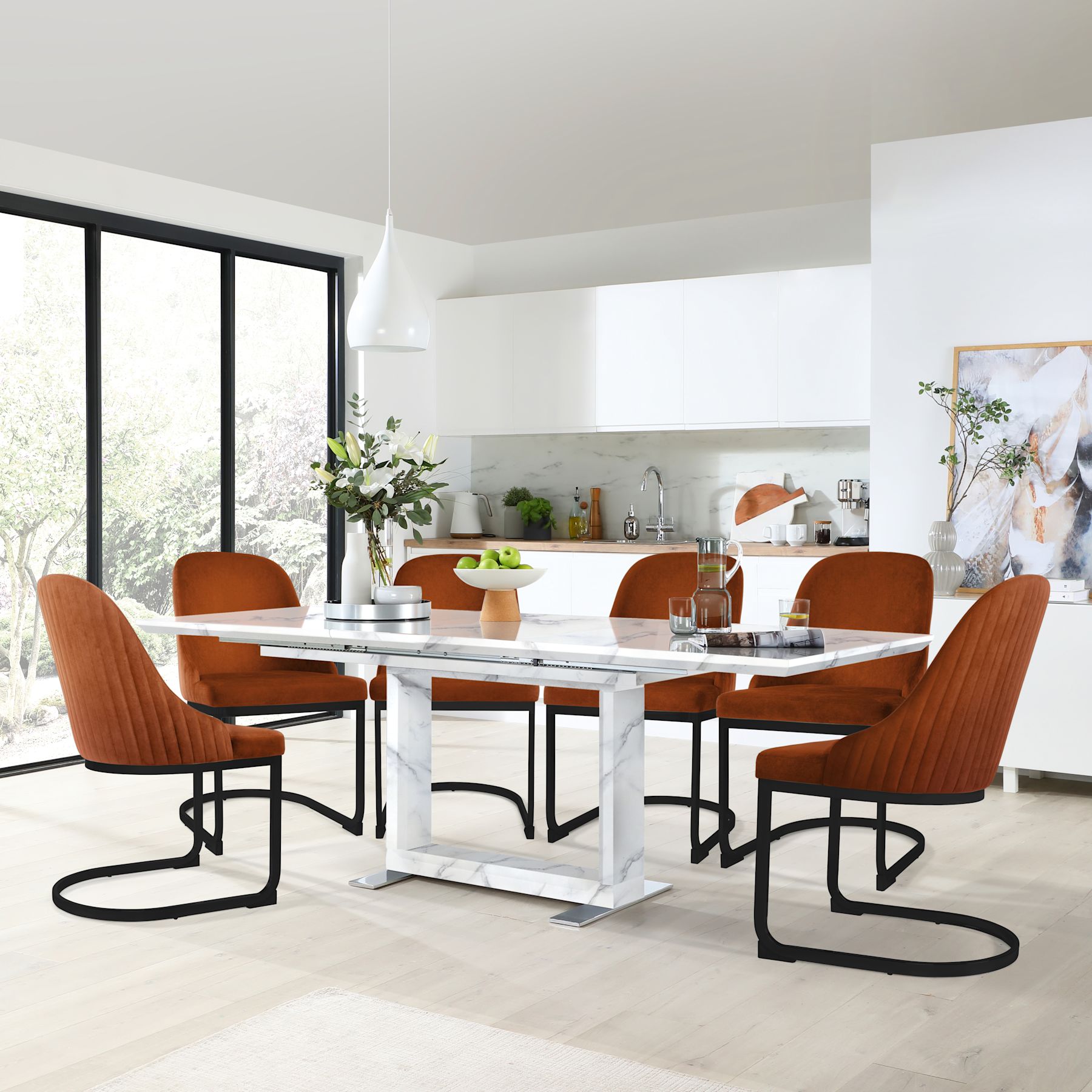 Tokyo Extending Dining Table & 6 Riva Chairs, White Marble Effect ...