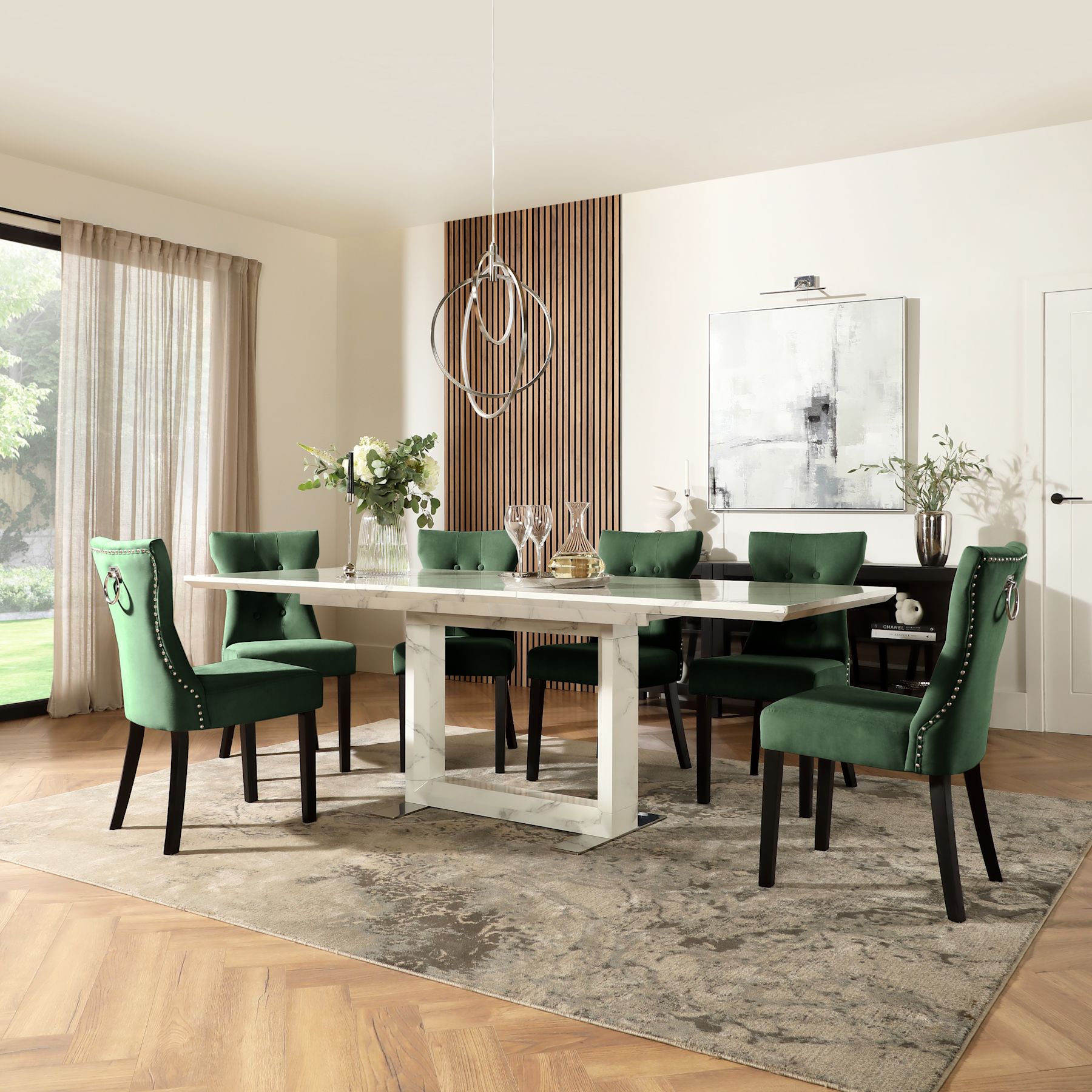 Tokyo Extending Dining Table & 8 Kensington Chairs, White Marble Effect, Moss Green Classic ...