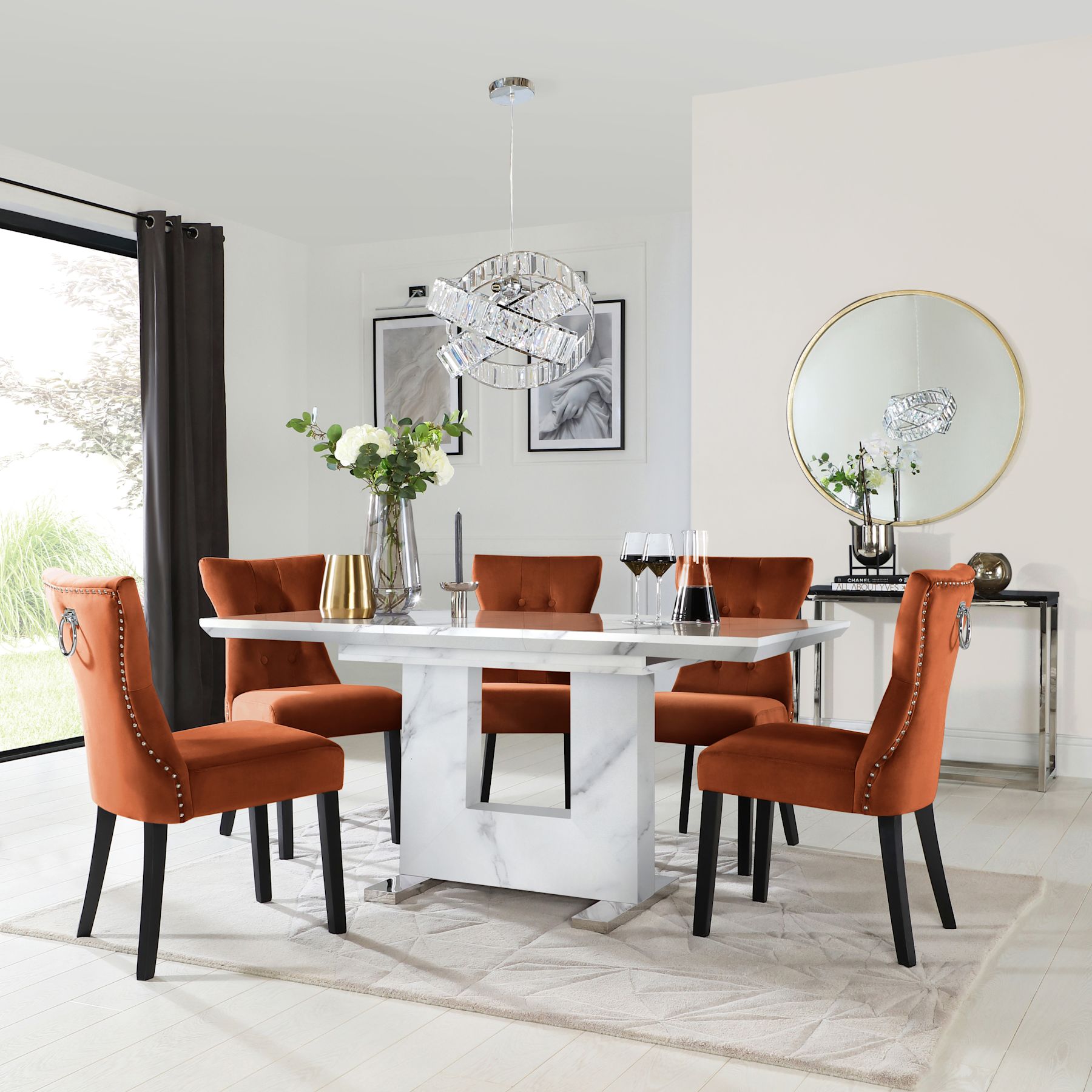 Vienna Extending Dining Table & 4 Kensington Chairs, White Marble Effect, Burnt Orange Classic ...