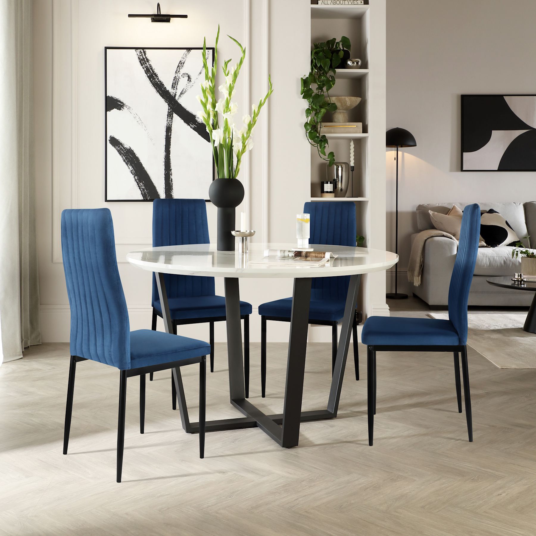Traviso Round Dining Table & 4 Leon Chairs, White Marble Effect & Black ...