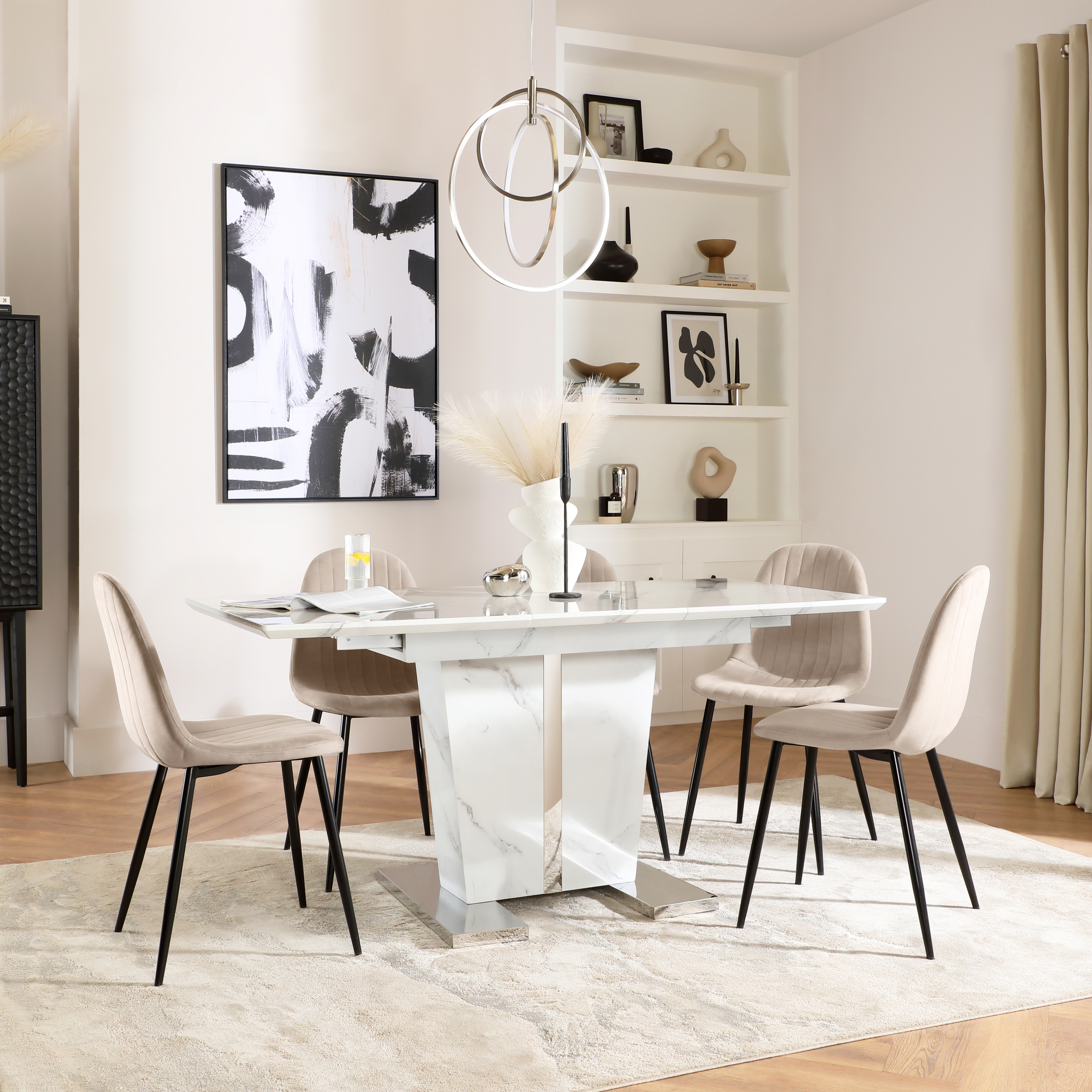 Vienna Extending Dining Table & 4 Brooklyn Chairs, White Marble Effect, Champagne Classic Velvet ...