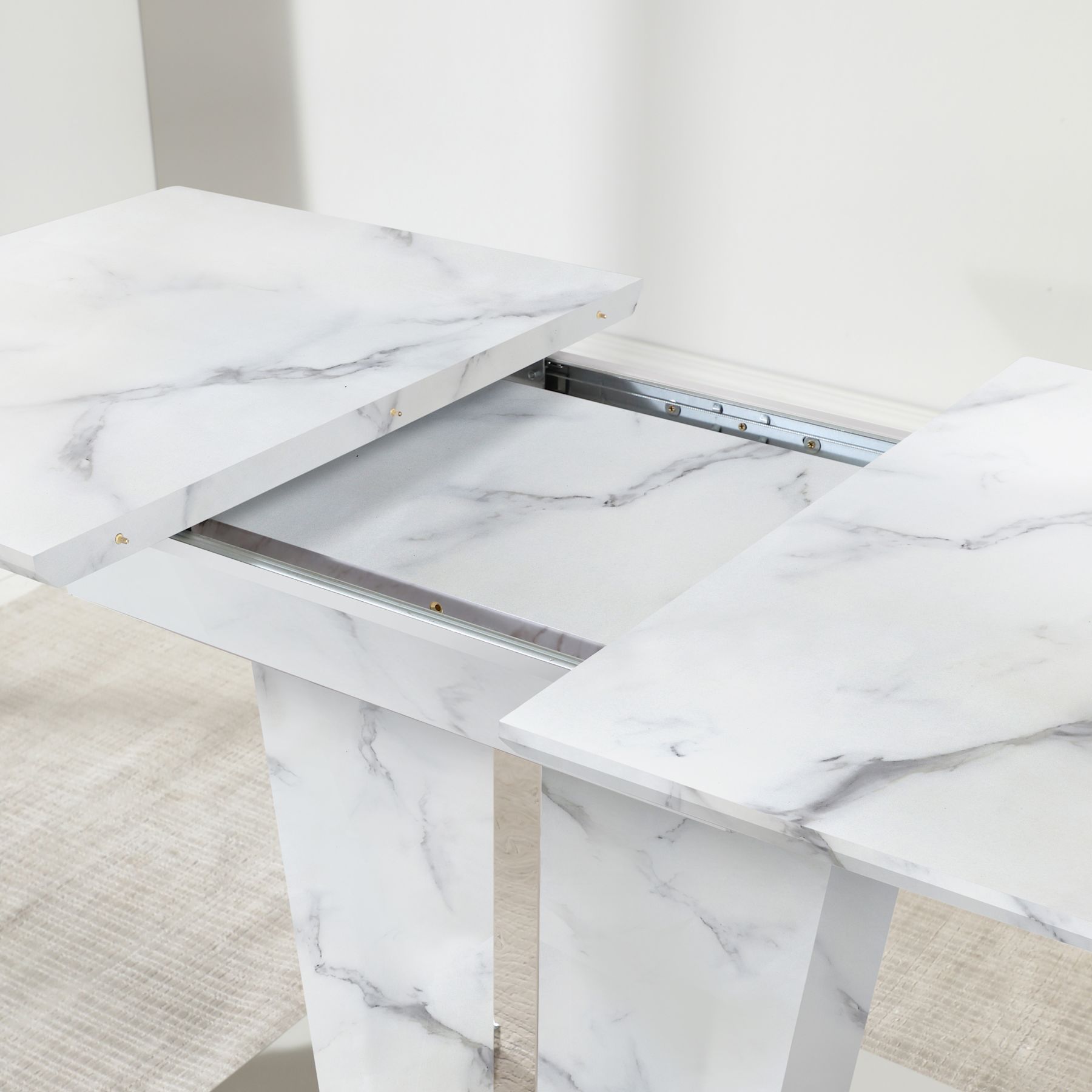 Vienna Extending Dining Table & 4 Riva Chairs, White Marble Effect ...