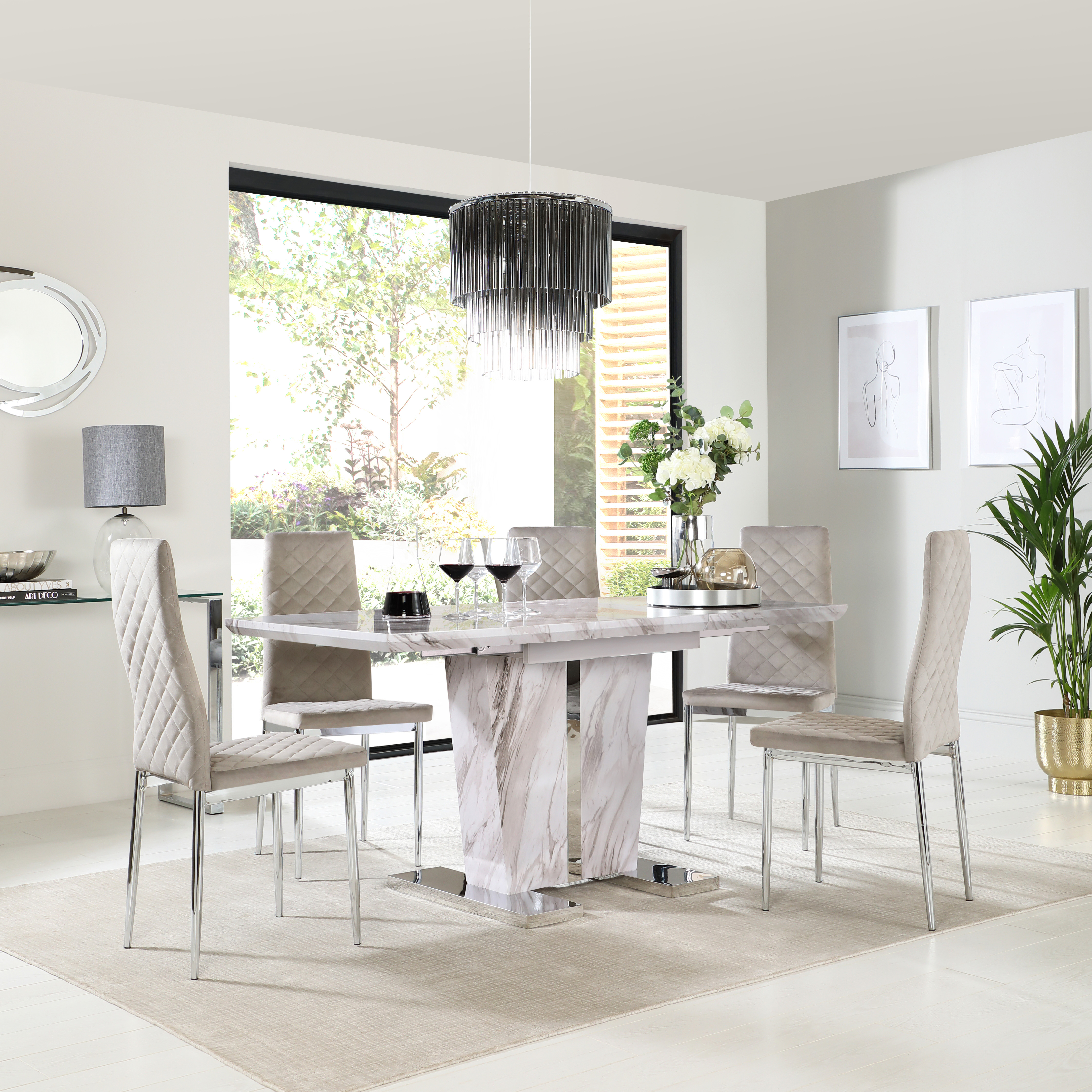 Vienna Extending Dining Table & 4 Renzo Chairs, Grey Marble Effect ...