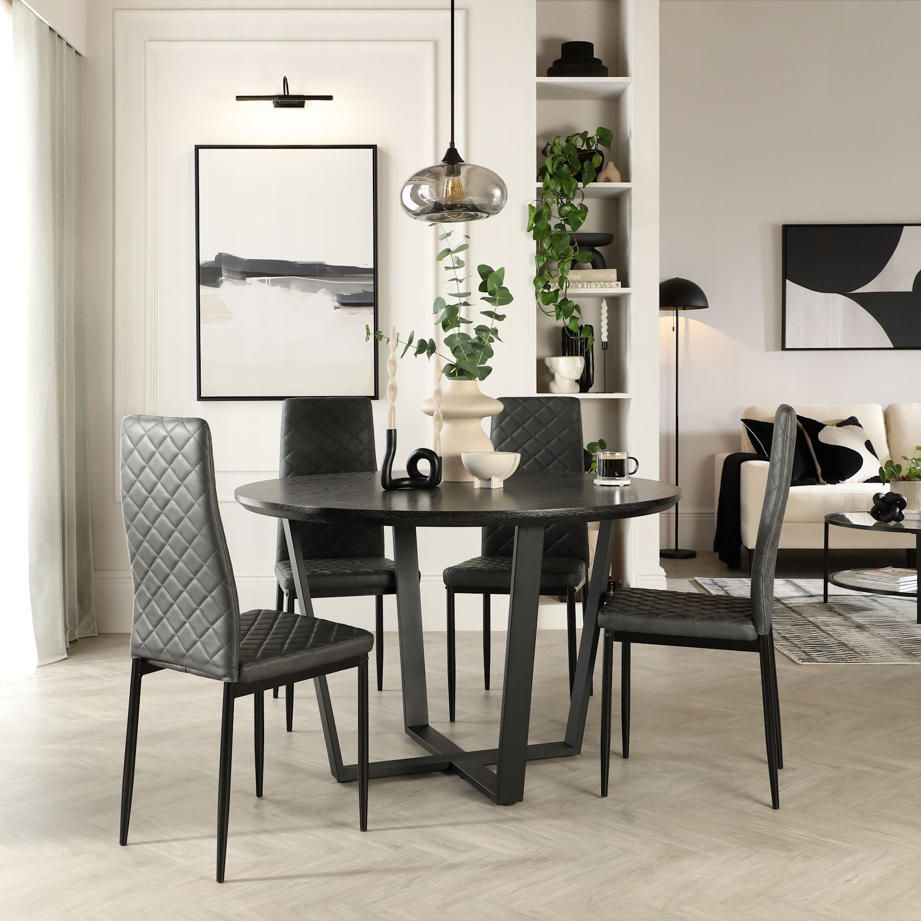 Traviso Round Dining Table & 4 Renzo Chairs, Black Oak Effect & Black ...