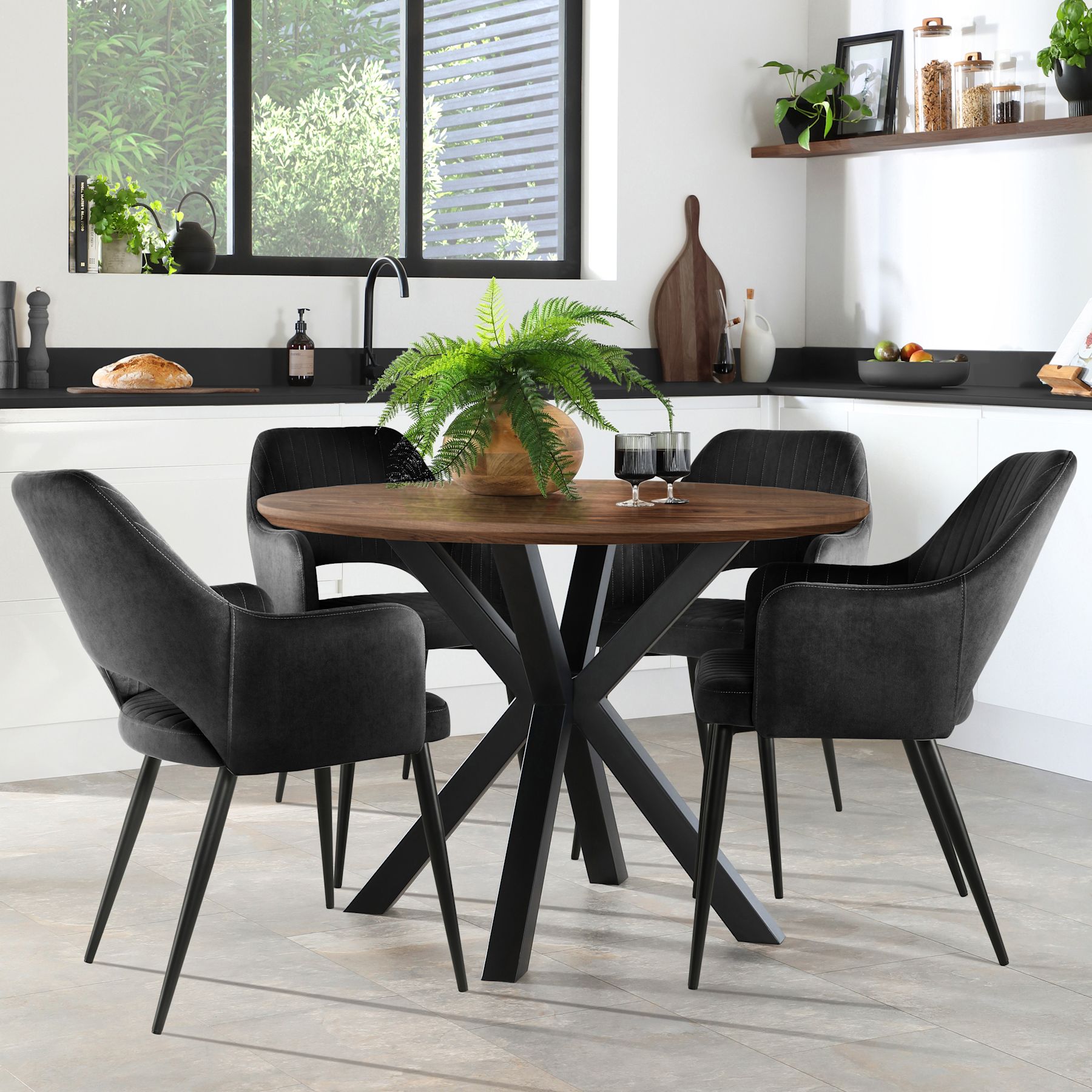 Newark Round Industrial Dining Table & 4 Clara Chairs, Walnut Effect ...