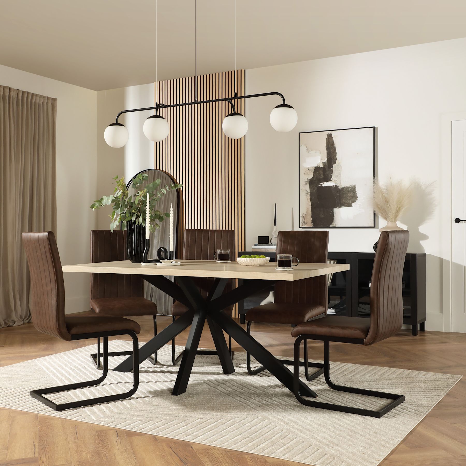 Madison Dining Table & 4 Perth Chairs, Light Oak Effect & Black Steel ...