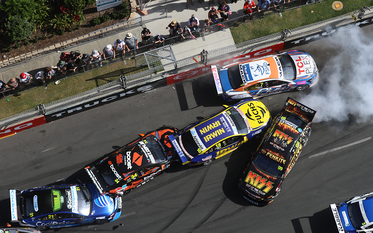 Unique overhead view of opening lap chaos | Supercars