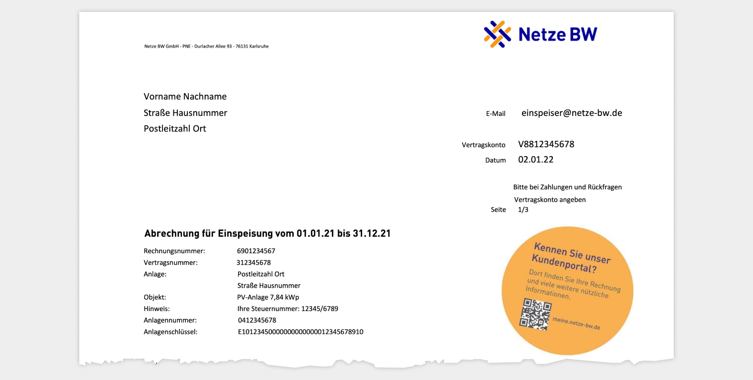 Abrechnungserklärung zur Stromeinspeisung - Netze BW GmbH