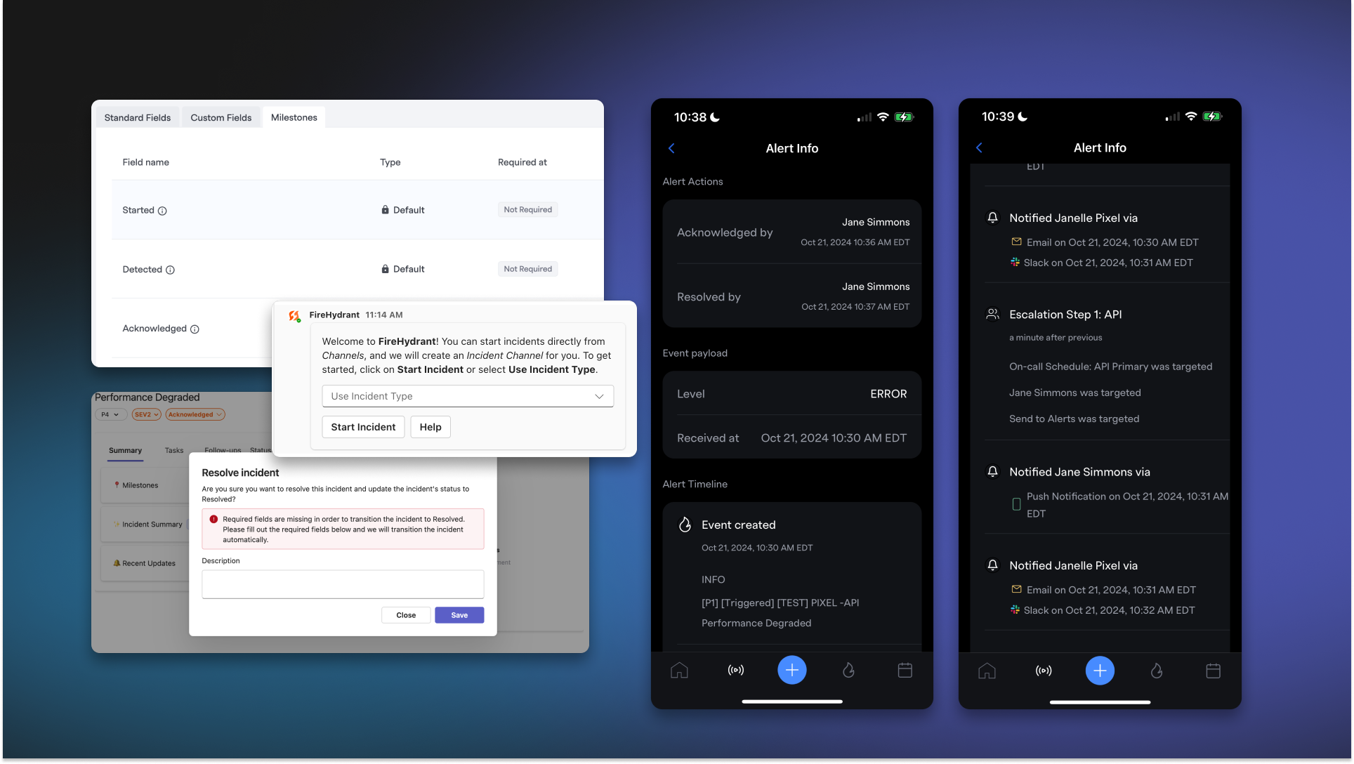 Mobile Alert Timeline, MS Teams Incident Types, and Slack Update ...