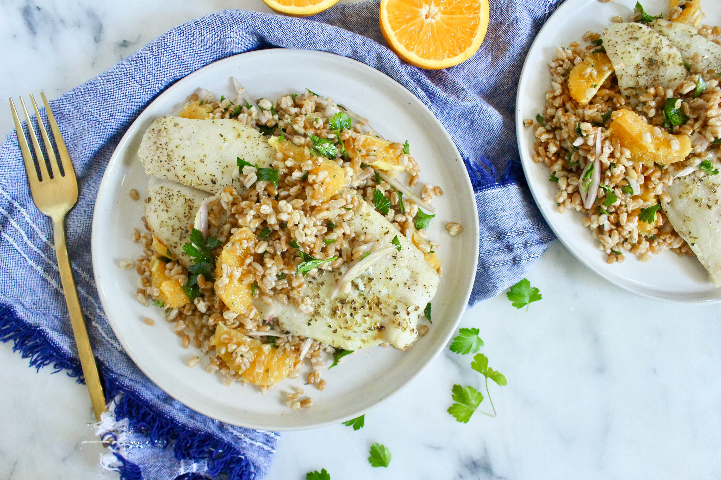 Simple White Fish Over a Citrus Farro Salad
