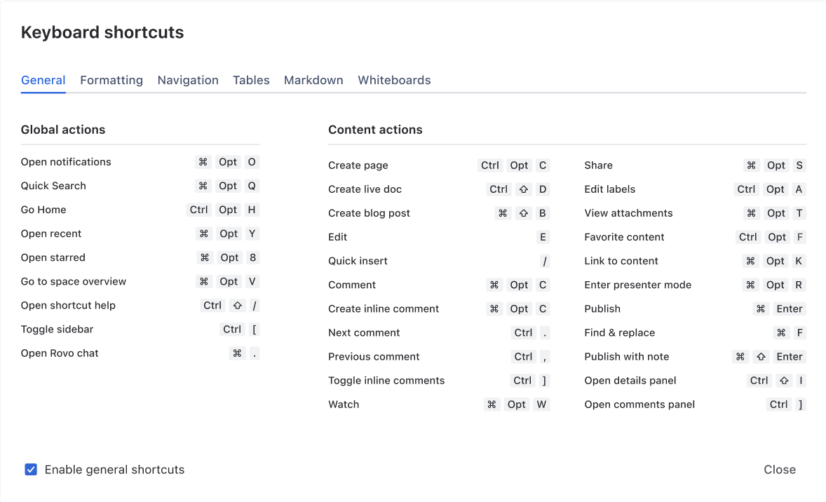 Keyboard shortcuts and autocomplete | Confluence Cloud | Atlassian Support