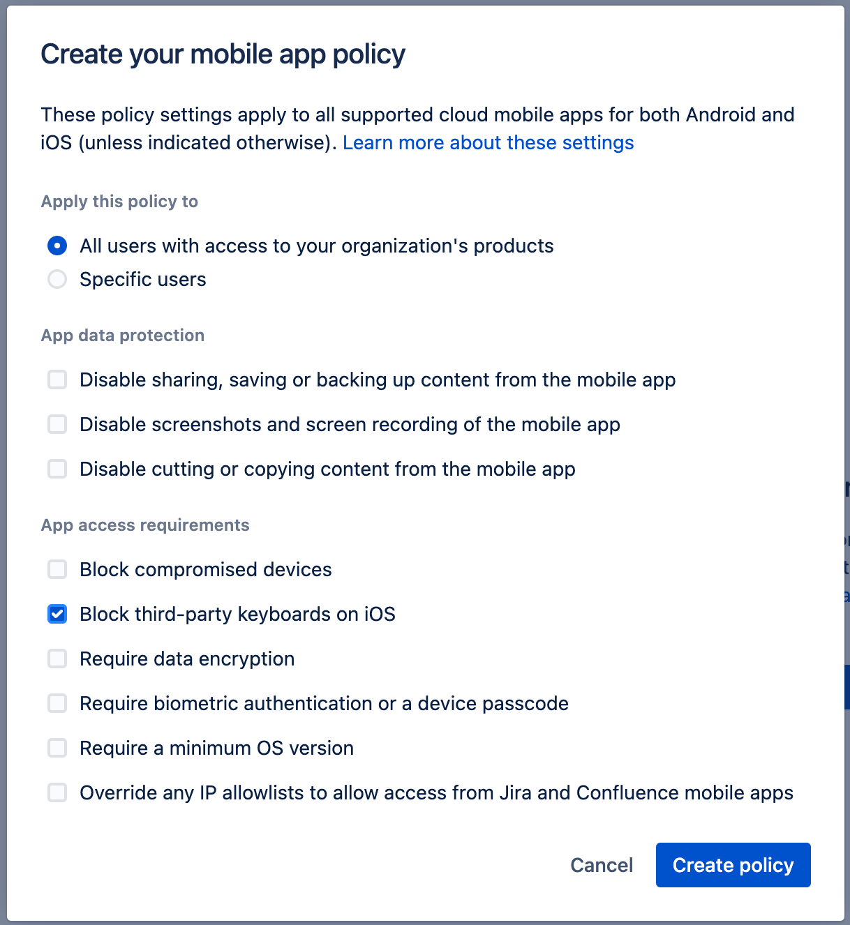 Security settings in a mobile app policy | Atlassian Support