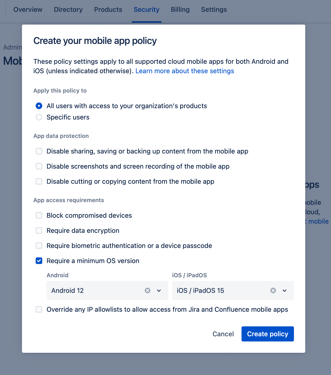 Security settings in a mobile app policy | Atlassian Support